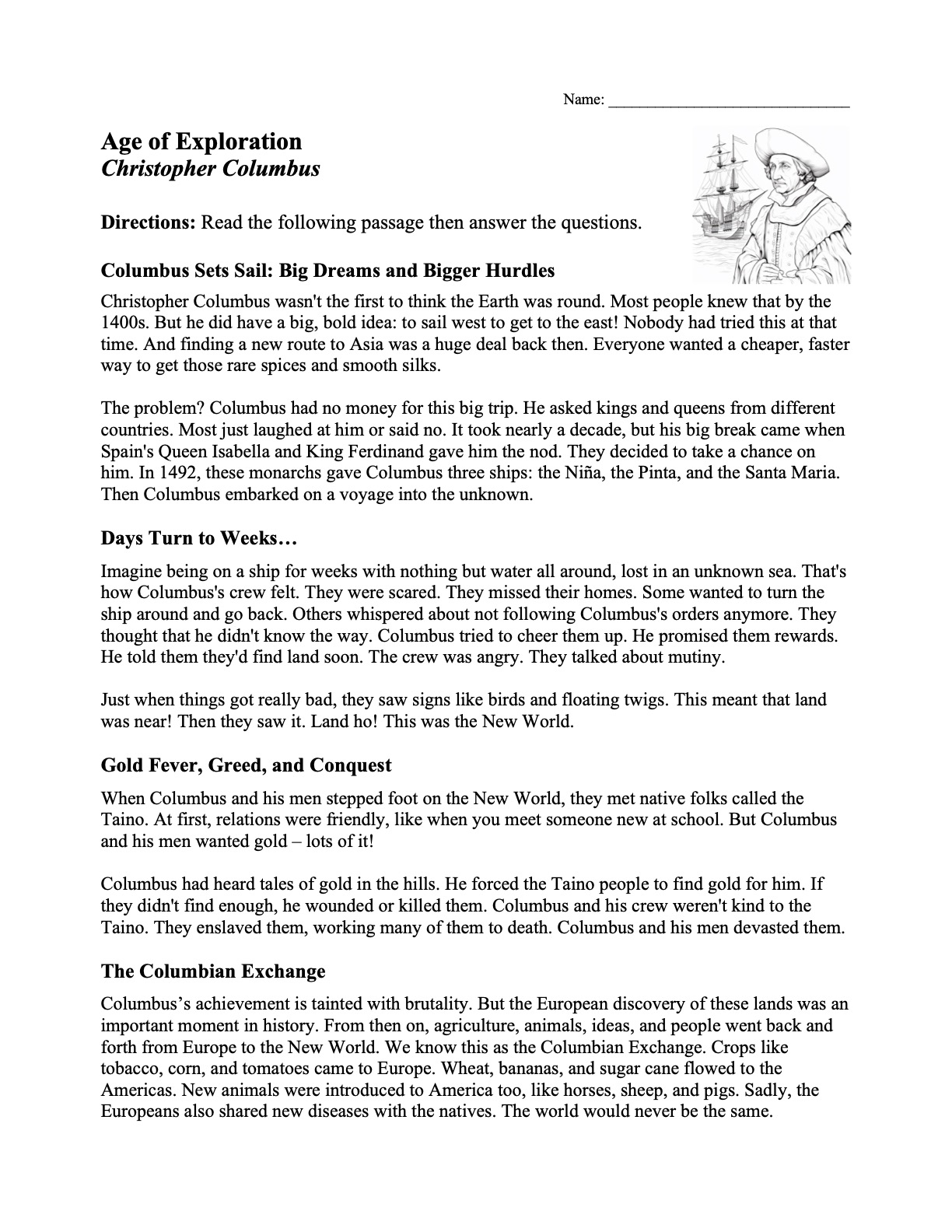 Christopher Columbus Worksheet Pdf