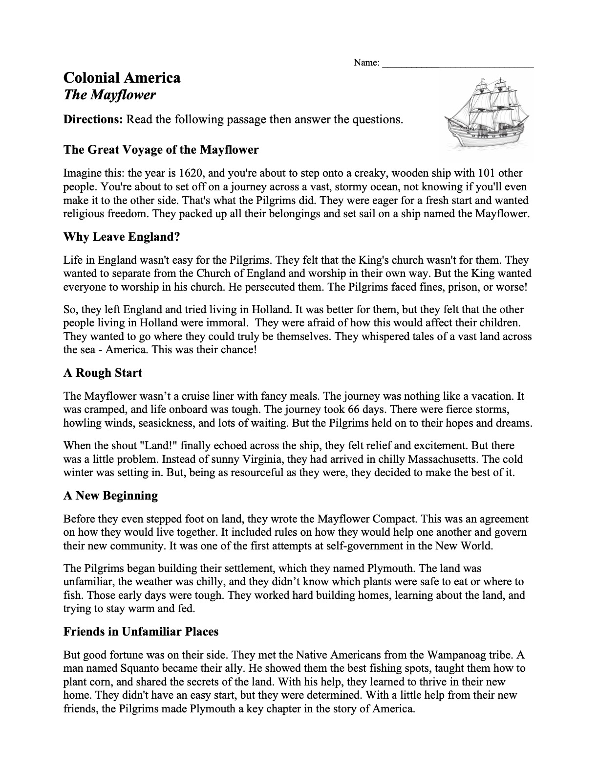 Mayflower Worksheets Preview